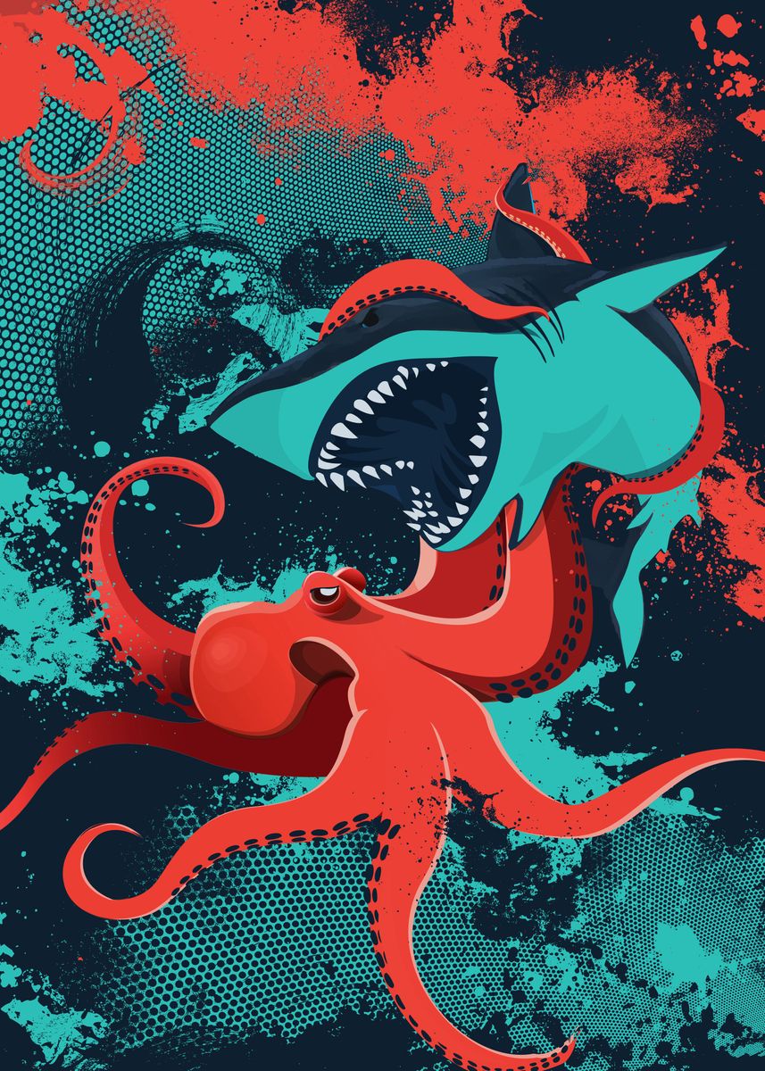 'A digital illustration of an epic fight between a shark ... ' Poster ...