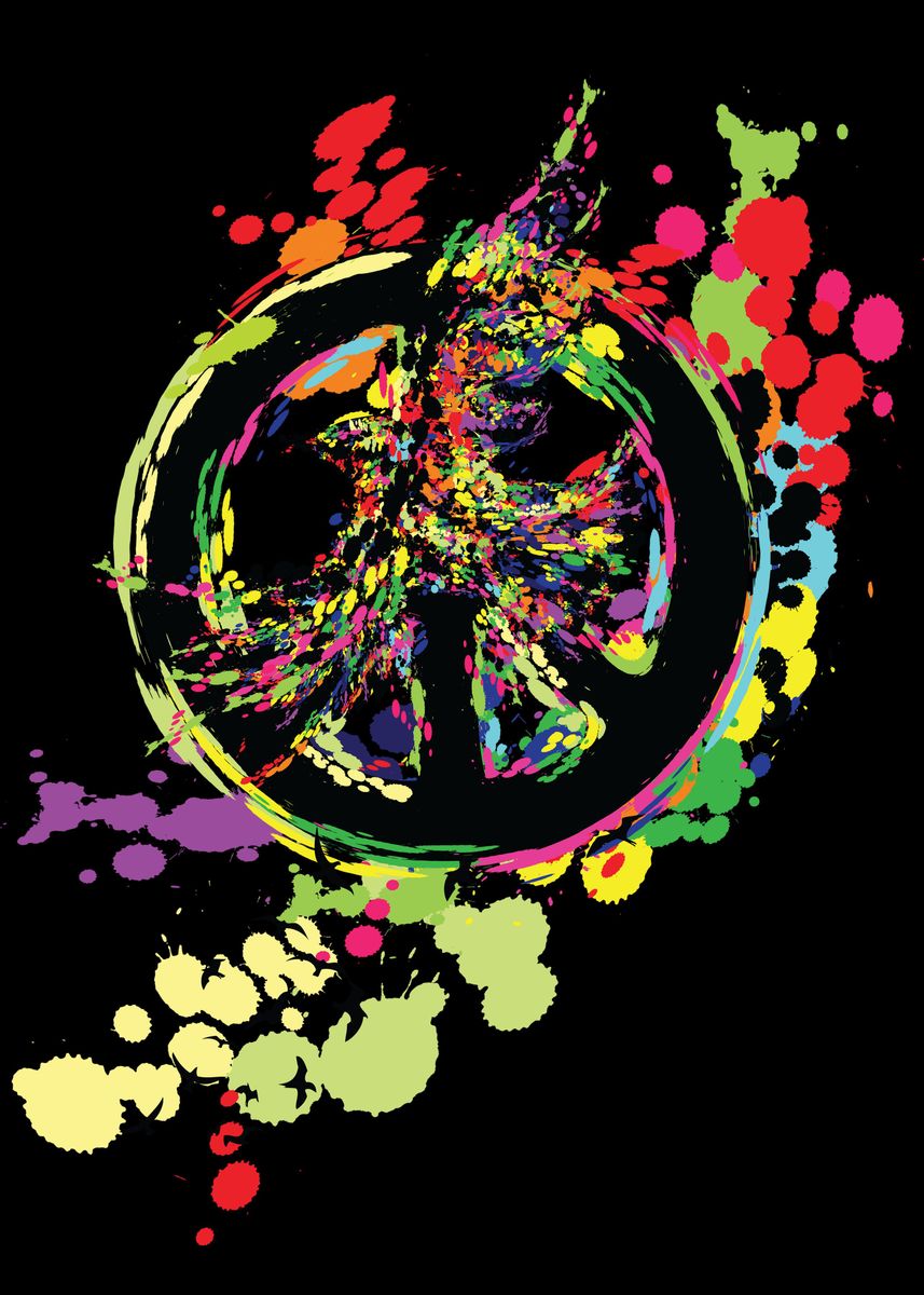'flying birds with peace symbol sing with colors splashe ... ' Poster ...