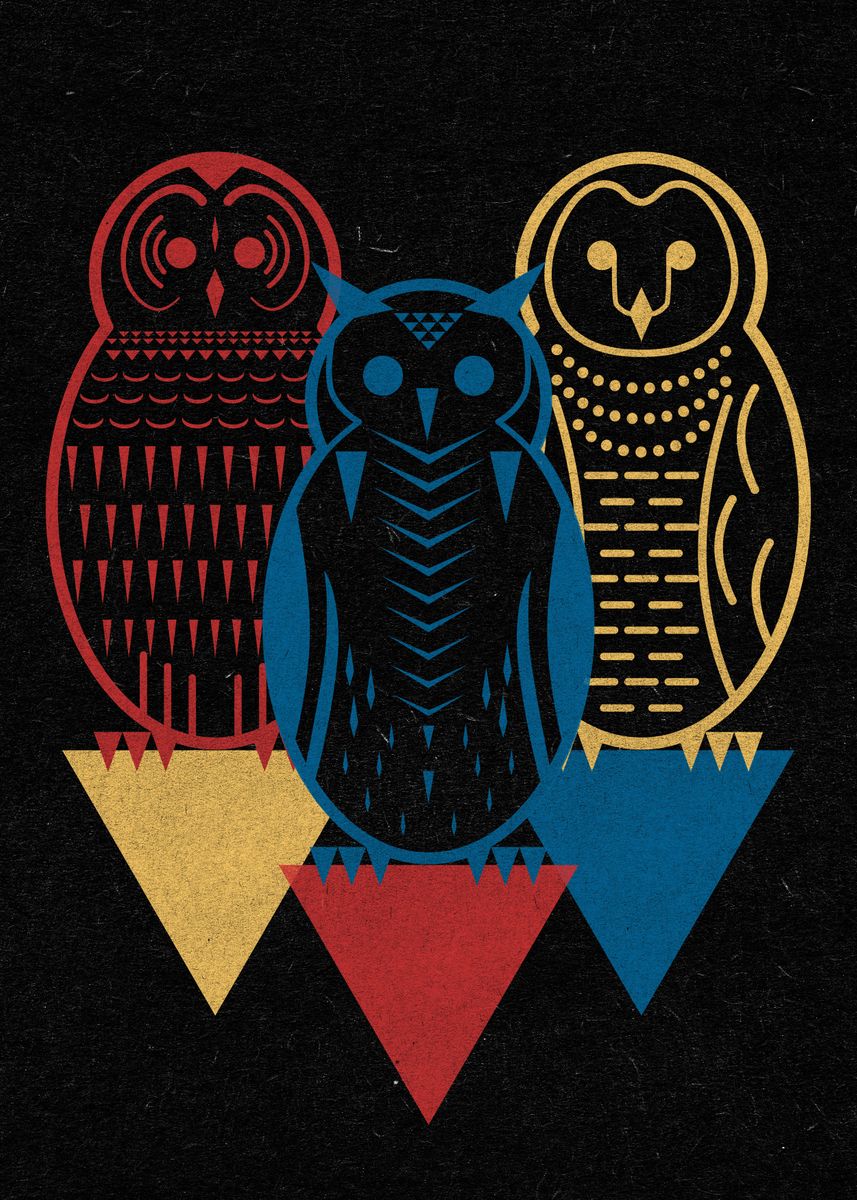 'Three Owls at Fanciful Night' Poster, picture, metal print, paint by ...
