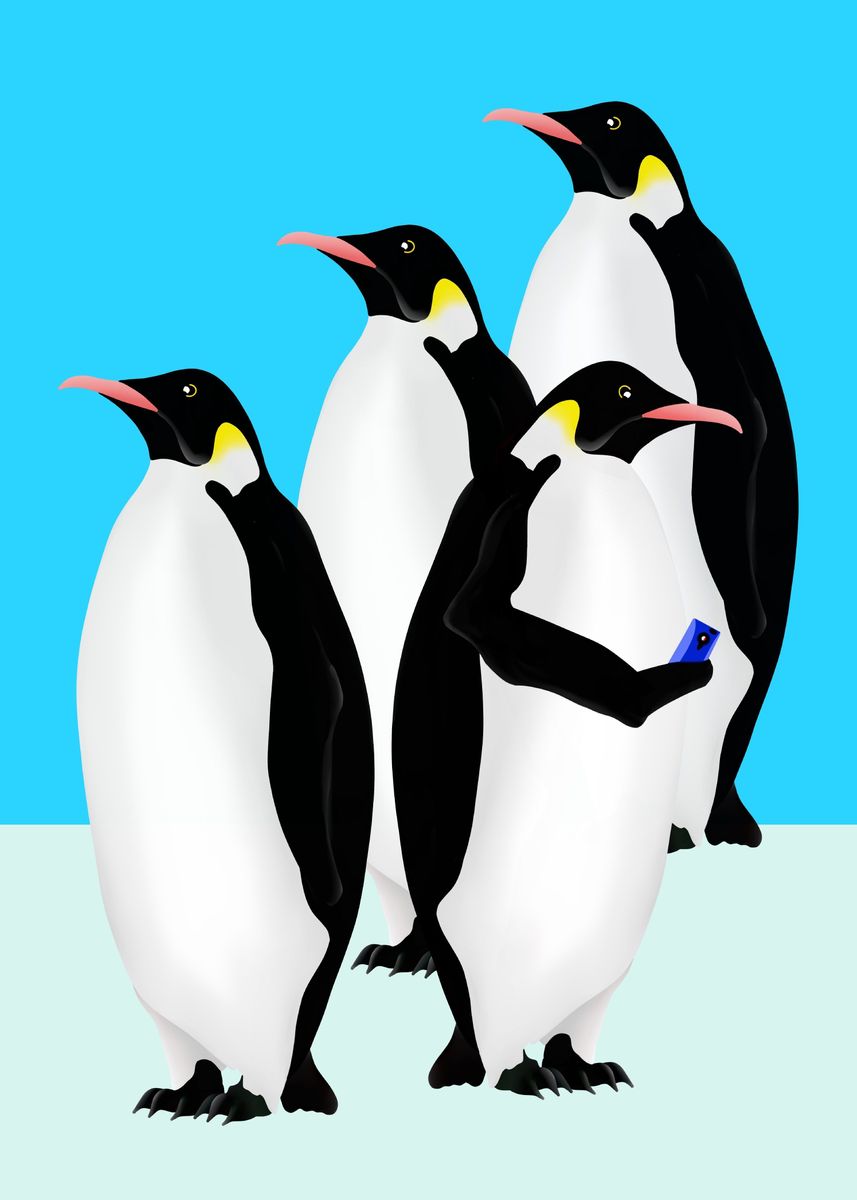 'Penguin using a moblie phone' Poster, picture, metal print, paint by ...