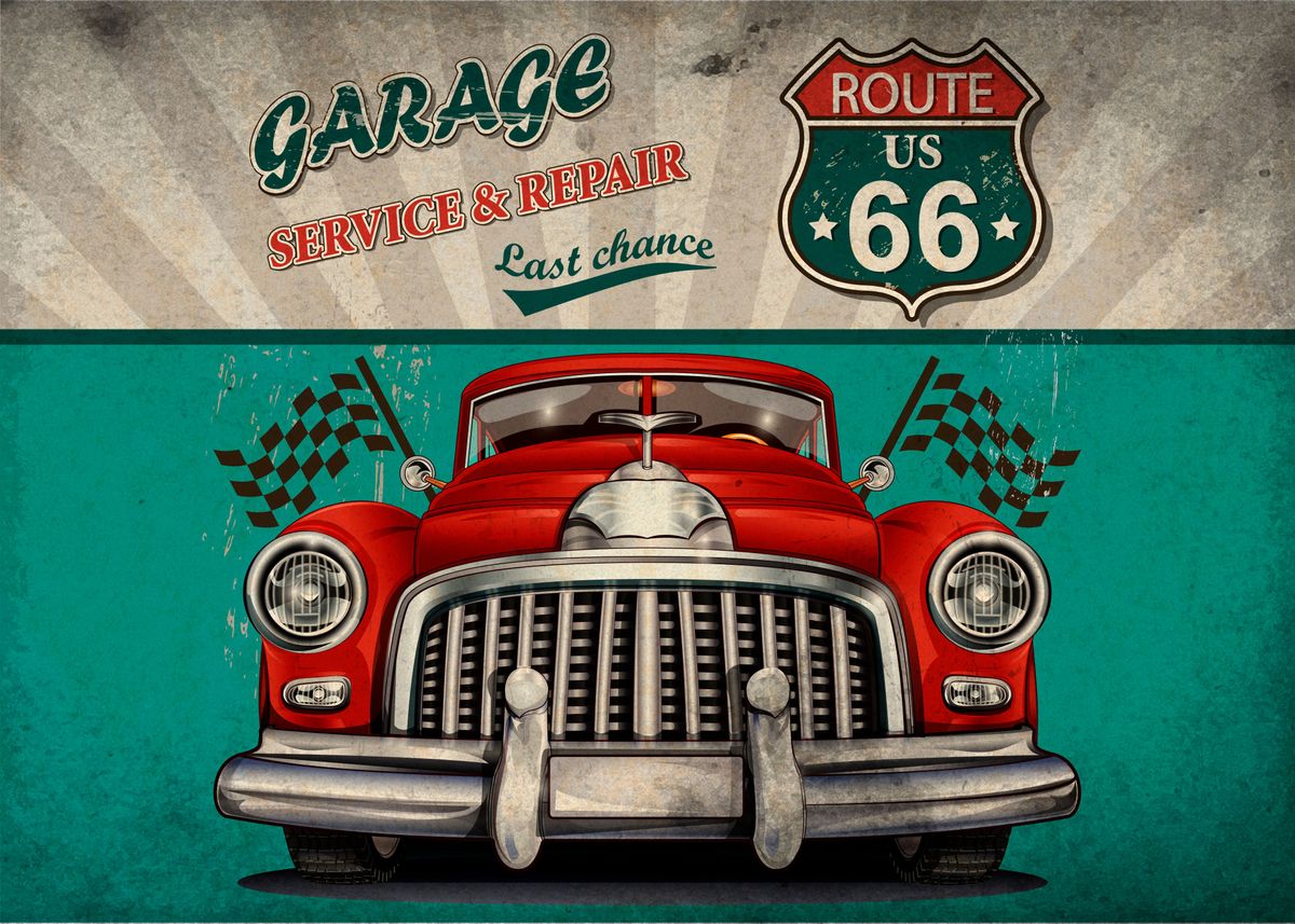 'Vintage Cars Garage poster' Poster by MaNia Creations | Displate