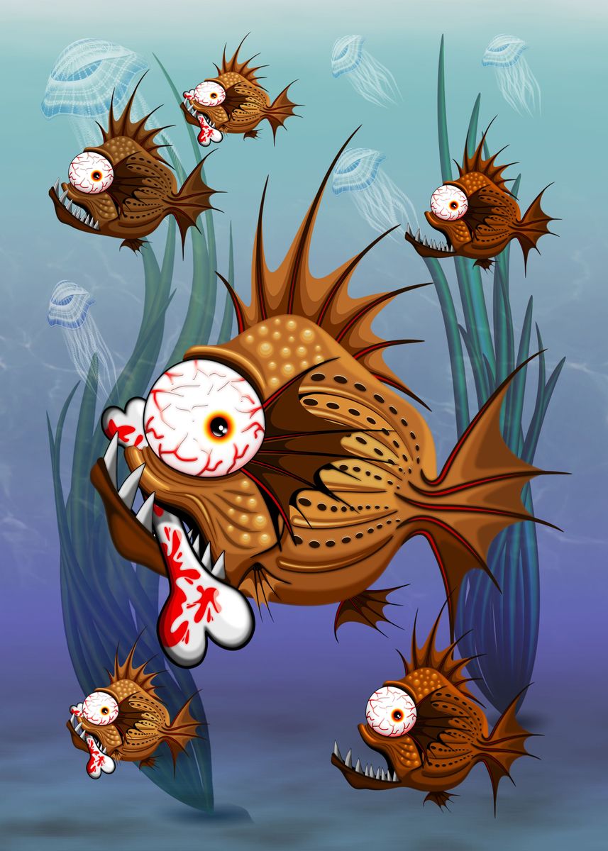 'Psycho Fish Piranha with Bloody Bone' Poster, picture, metal print ...