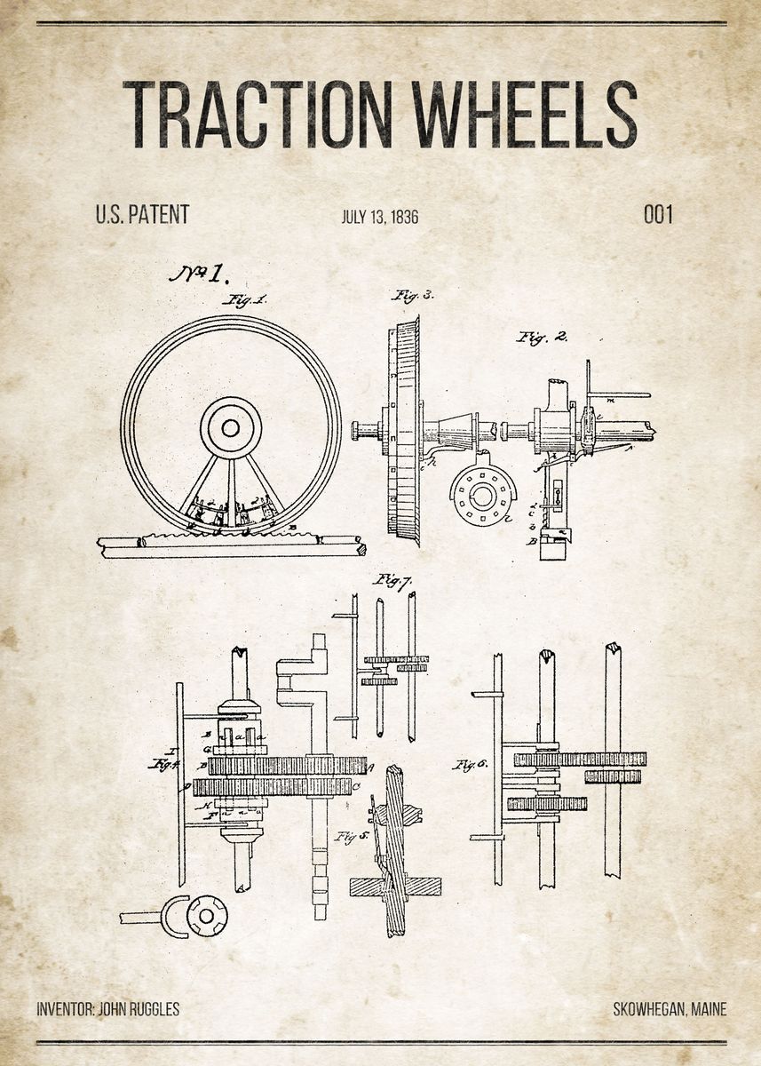 'First U.S. Patent for Traction Wheels on old paper.' Poster, picture ...