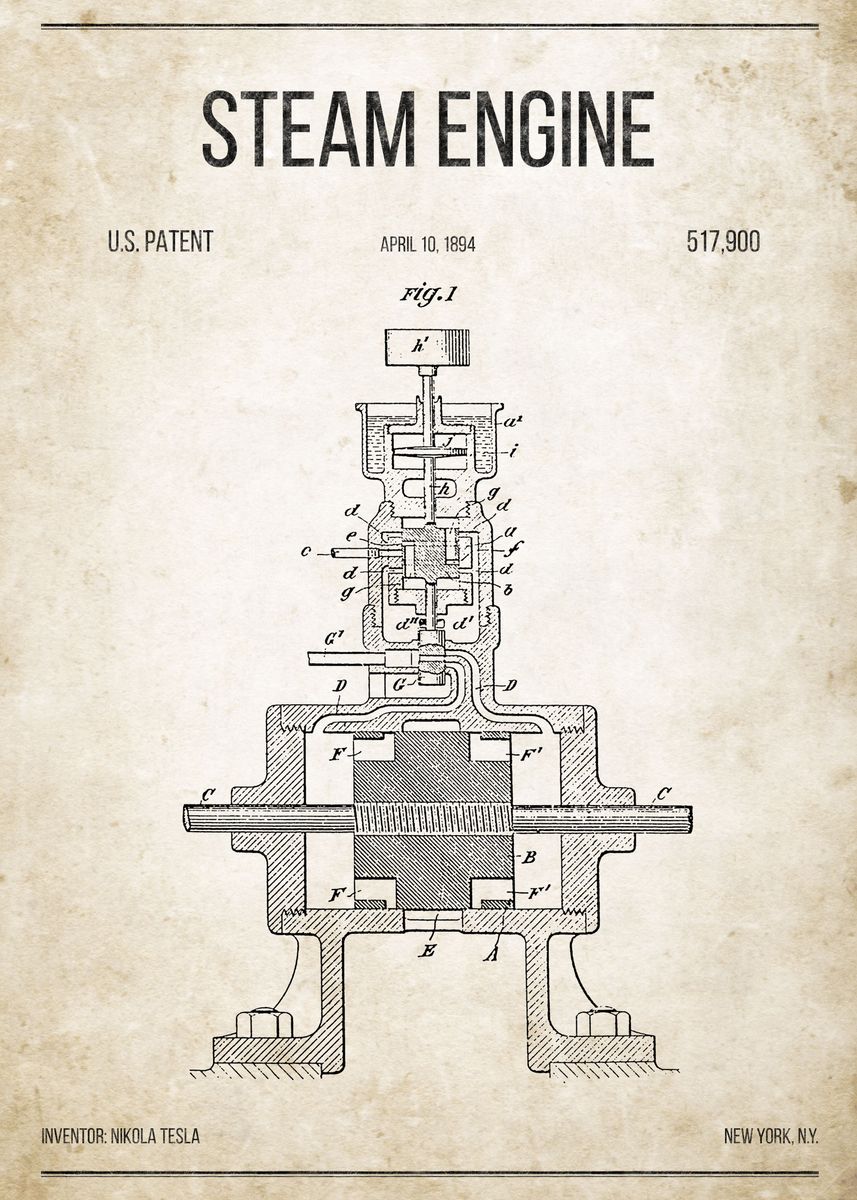 'Steam Engine U.S. Patent #517,900 on old paper.' Poster, picture ...