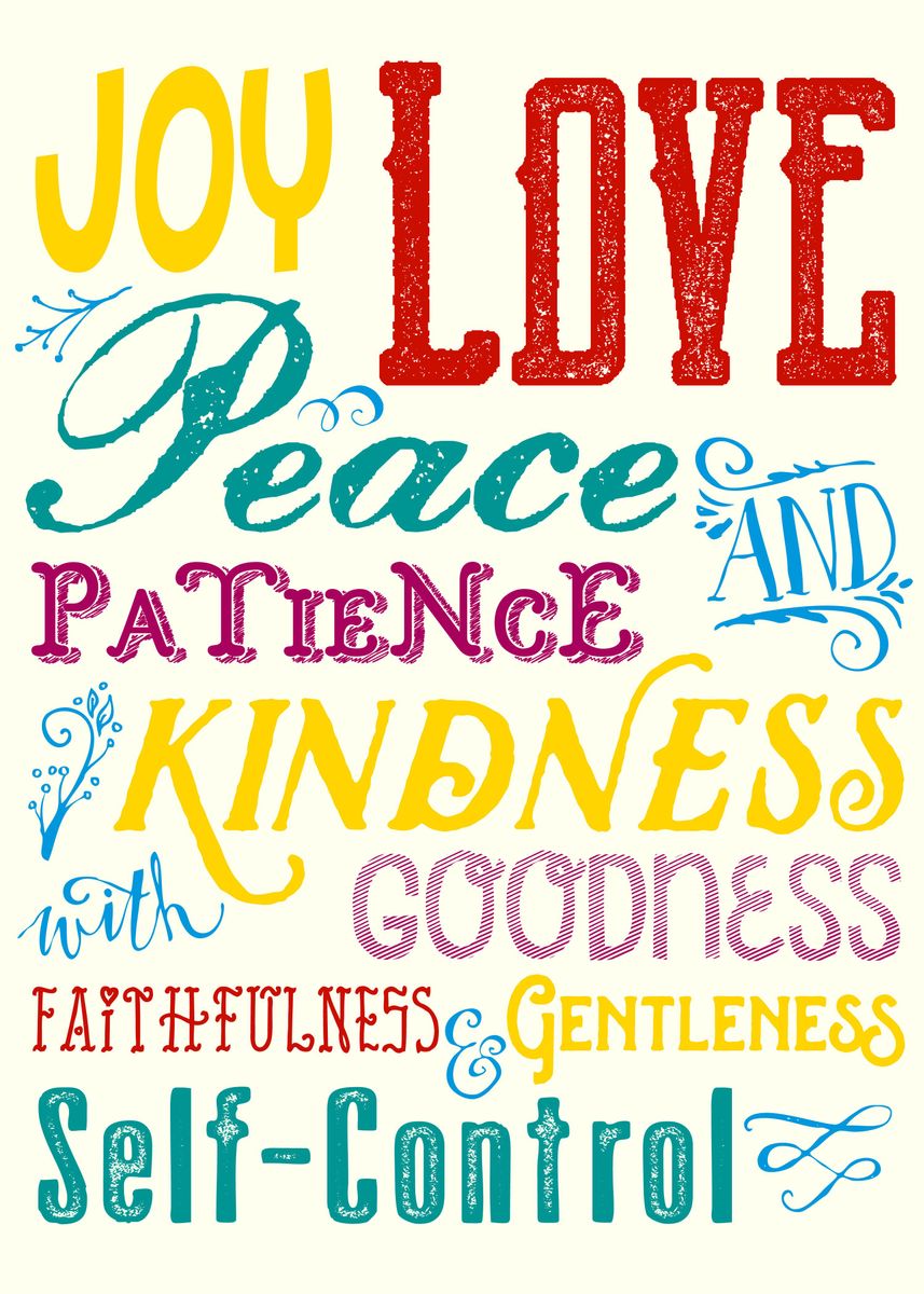'Love Joy Peace Patience Kindness Goodness Typography Ar ... ' Poster, picture, metal print ...