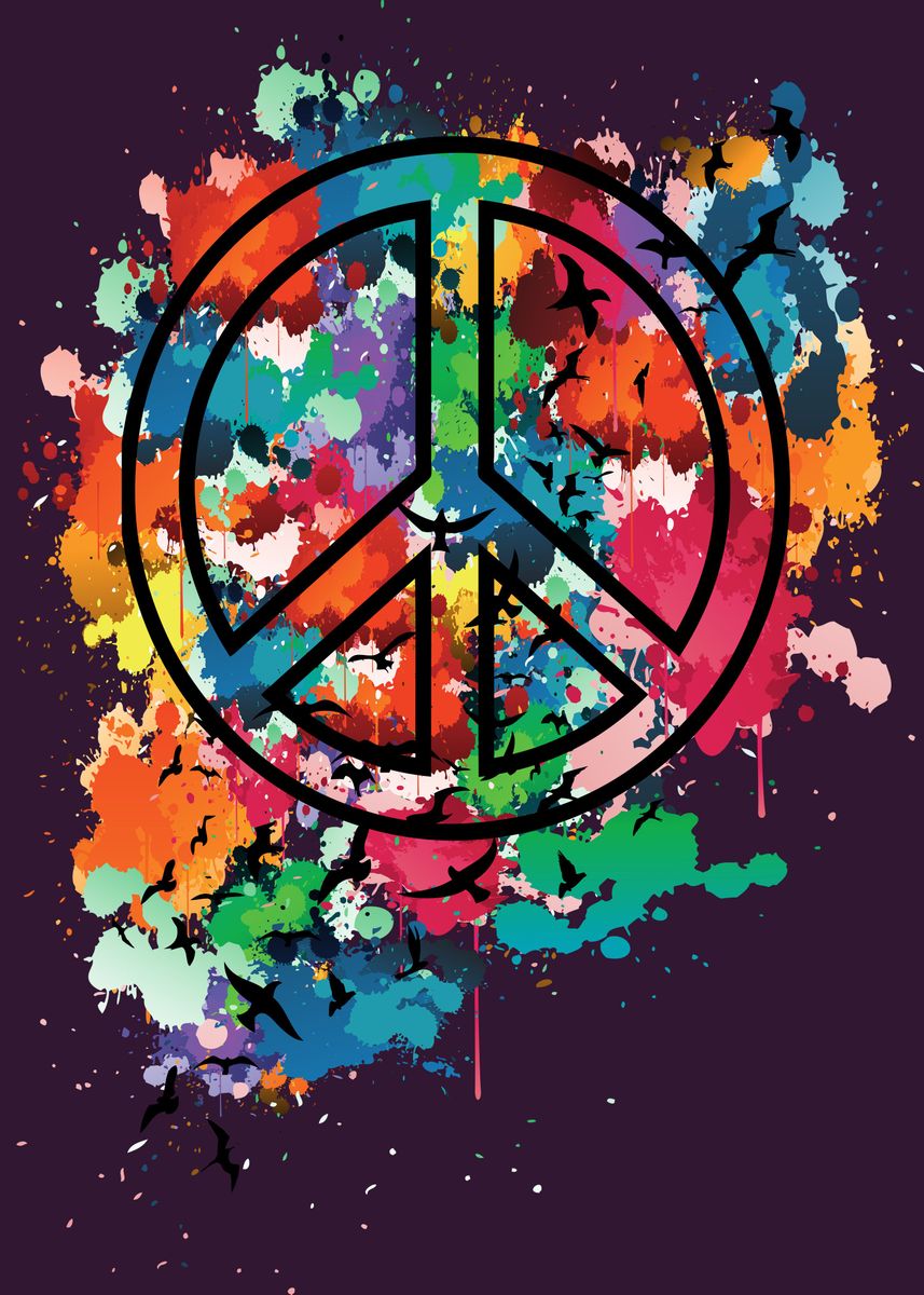 'Peace sign with color splashes flying birds' Poster, picture, metal ...