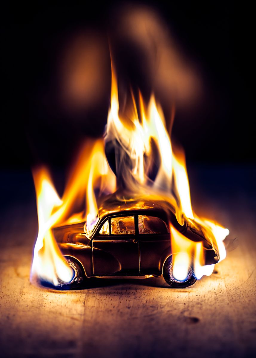 'A burning Morris Minor car' Poster, picture, metal print, paint by ...