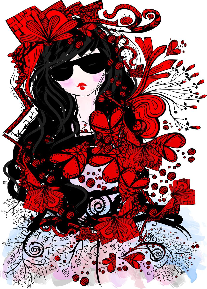 'Girl with red color floral hearts pen art illustration' Poster ...