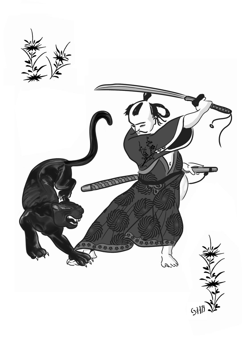 'Samurai fighting a panther.' Poster, picture, metal print, paint by ...