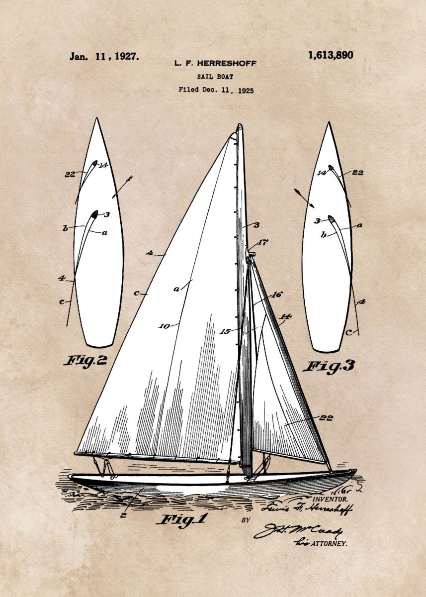 'patent art Herreshoff Sail Boat 1925' Poster, picture, metal print ...