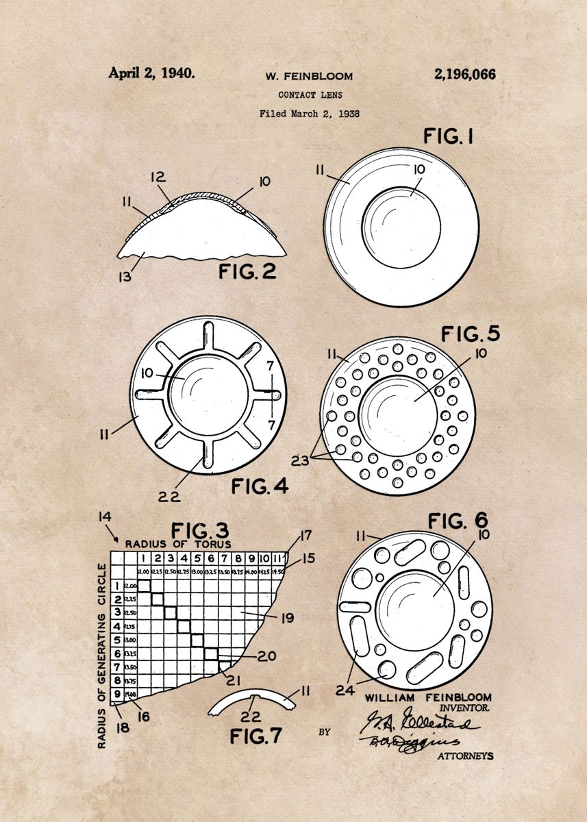 'patent art Feinbloom Contact Lens 1938' Poster, picture, metal print ...