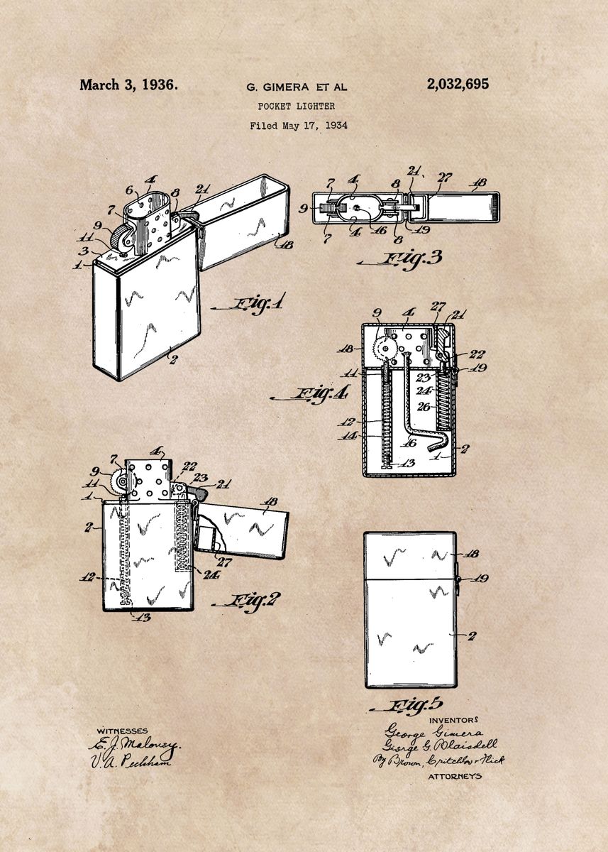 'patent art Gimera Pocket Lighter 1934' Poster, picture, metal print ...