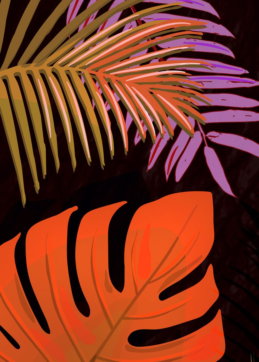 'TROPICAL LEAVES & BLACK 2C' Poster, picture, metal print, paint by Pia ...