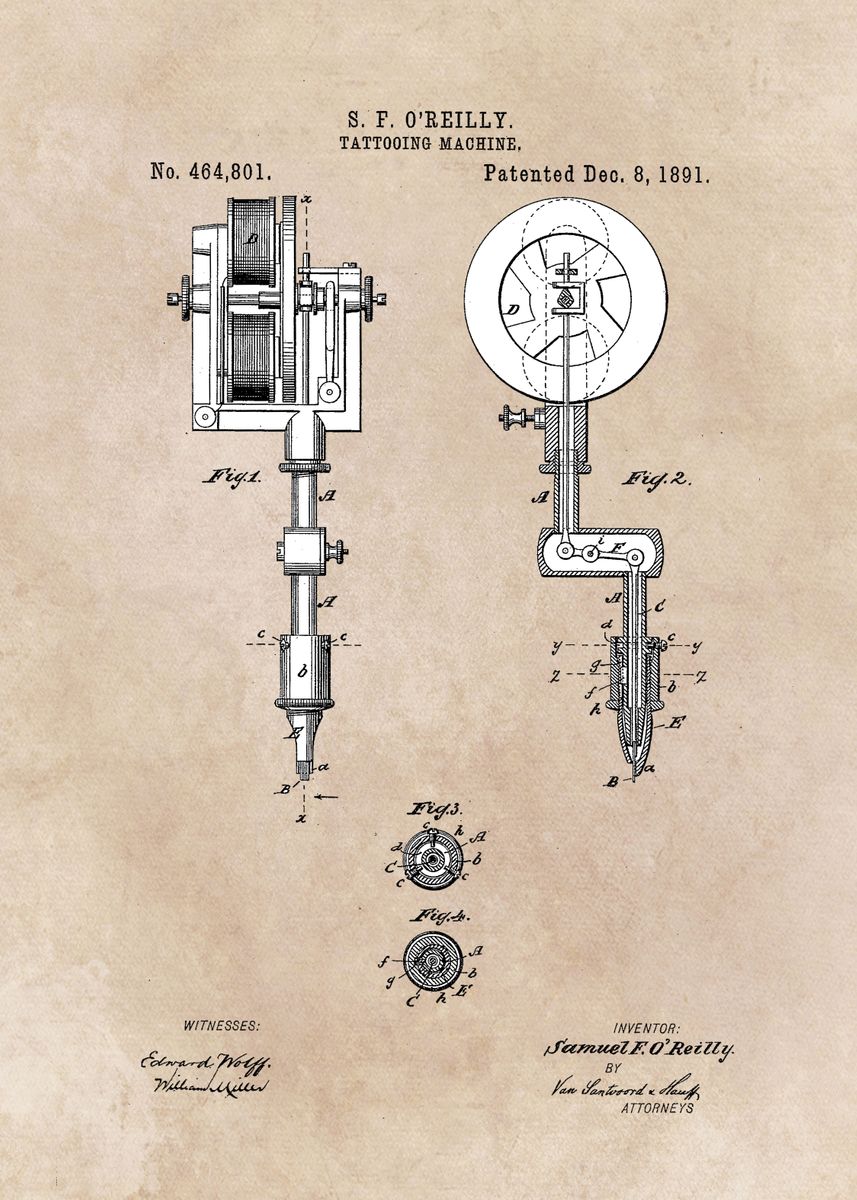 'patent art O'Reilly Tattooing Machine 1891' Poster, picture, metal ...