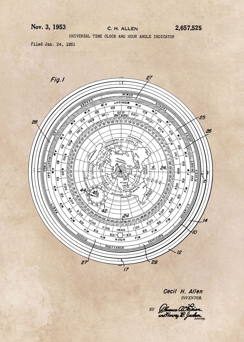 'patent art Allen Universal time clock and hour angle in ... ' Poster ...