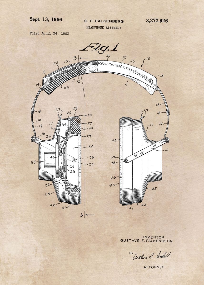 'patent art Falkenberg Headphone assembly 1966' Poster, picture, metal ...