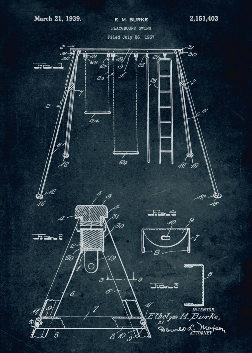 'No168 - 1937 - Playground swing - Inventor E. M. Burke' Poster ...