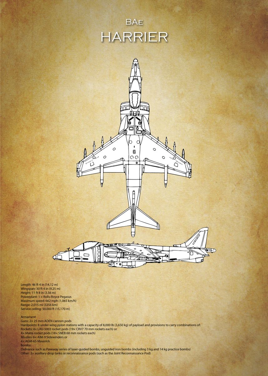 'BAe Systems Harrier Blueprint' Poster, picture, metal print, paint by ...