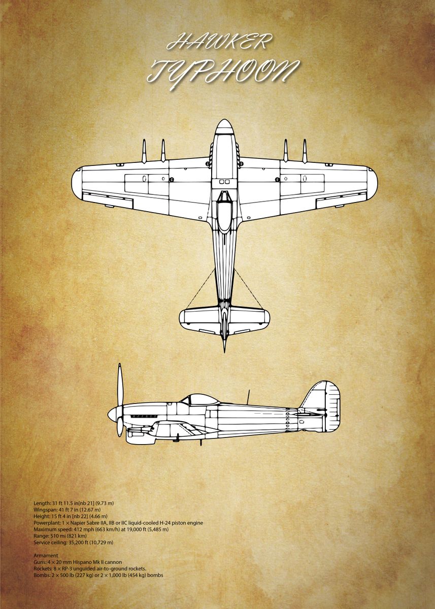 'Hawker Typhoon Blueprint' Poster, picture, metal print, paint by ...