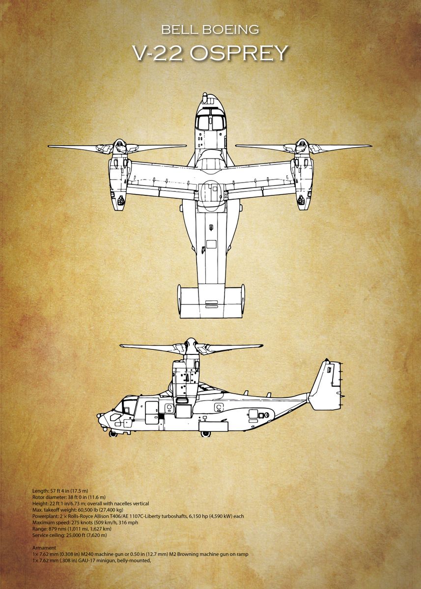 'Bell Boeing V-22 Osprey Blueprint' Poster, picture, metal print, paint ...
