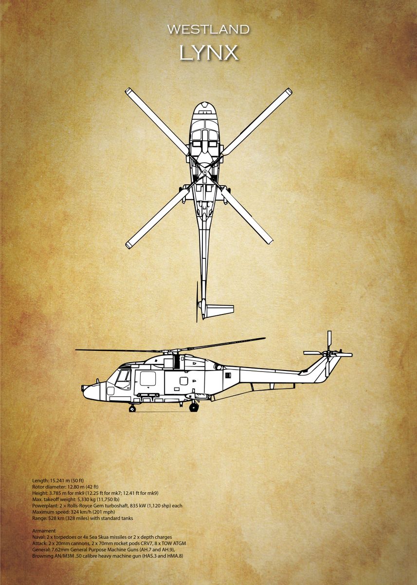 'Westland Lynx Helicopter Blueprint' Poster, picture, metal print ...