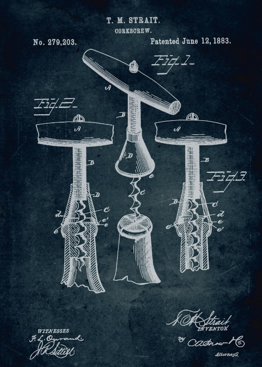 'No288-1883-Corkscrew-Inventor T. M. Strait' Poster, picture, metal ...