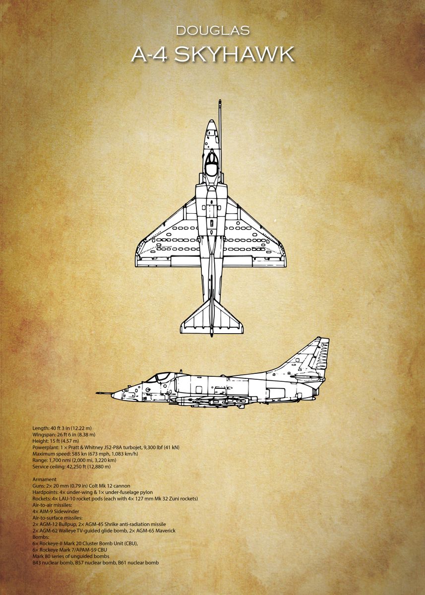'Douglas A4 Skyhawk Blueprint' Poster, picture, metal print, paint by ...