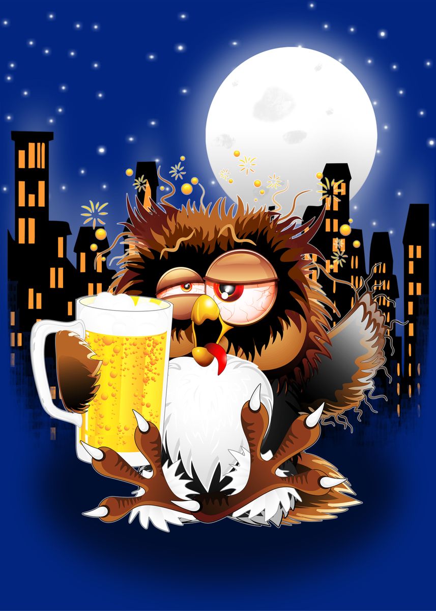 'Drunk Owl with Beer Funny Character' Poster, picture, metal print ...