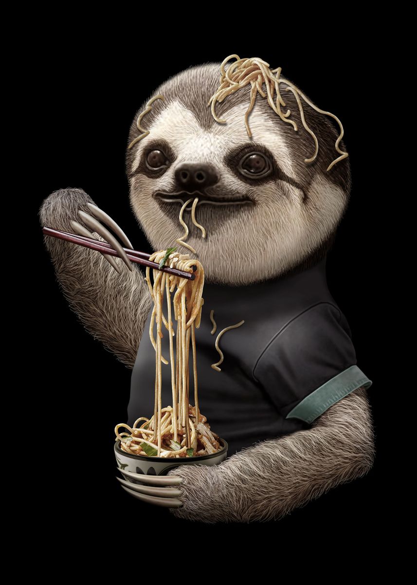 'SLOTH EAT NOODLE - BLACK' Poster, picture, metal print, paint by Adam ...