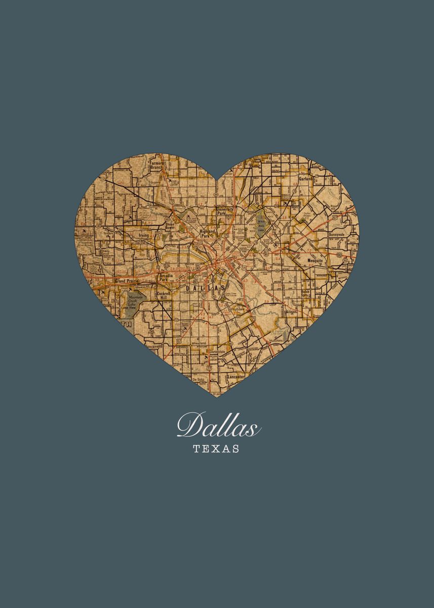 'Dallas Texas City Heart Street Map' Poster, picture, metal print ...