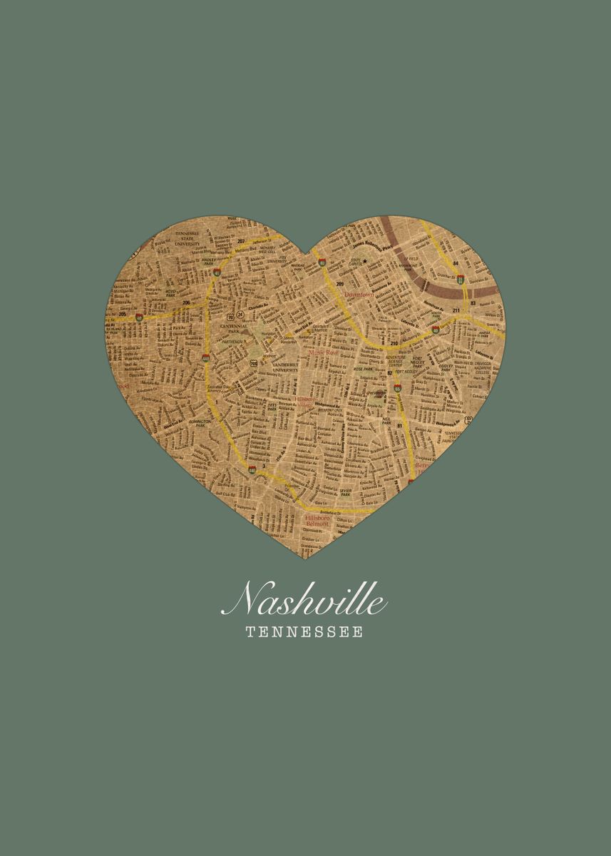 'Nashville Tennessee City Heart Street Map' Poster by Design Turnpike ...