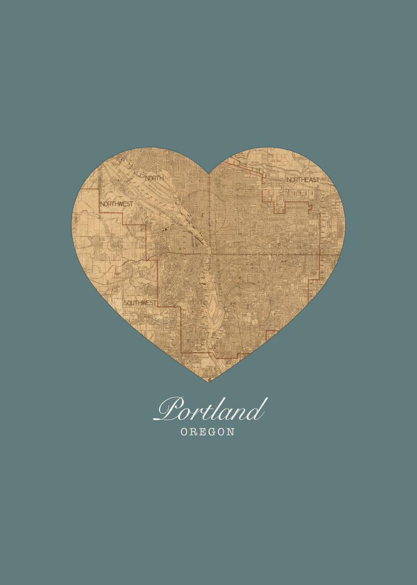 'Portland Oregon City Heart Street Map' Poster, picture, metal print ...