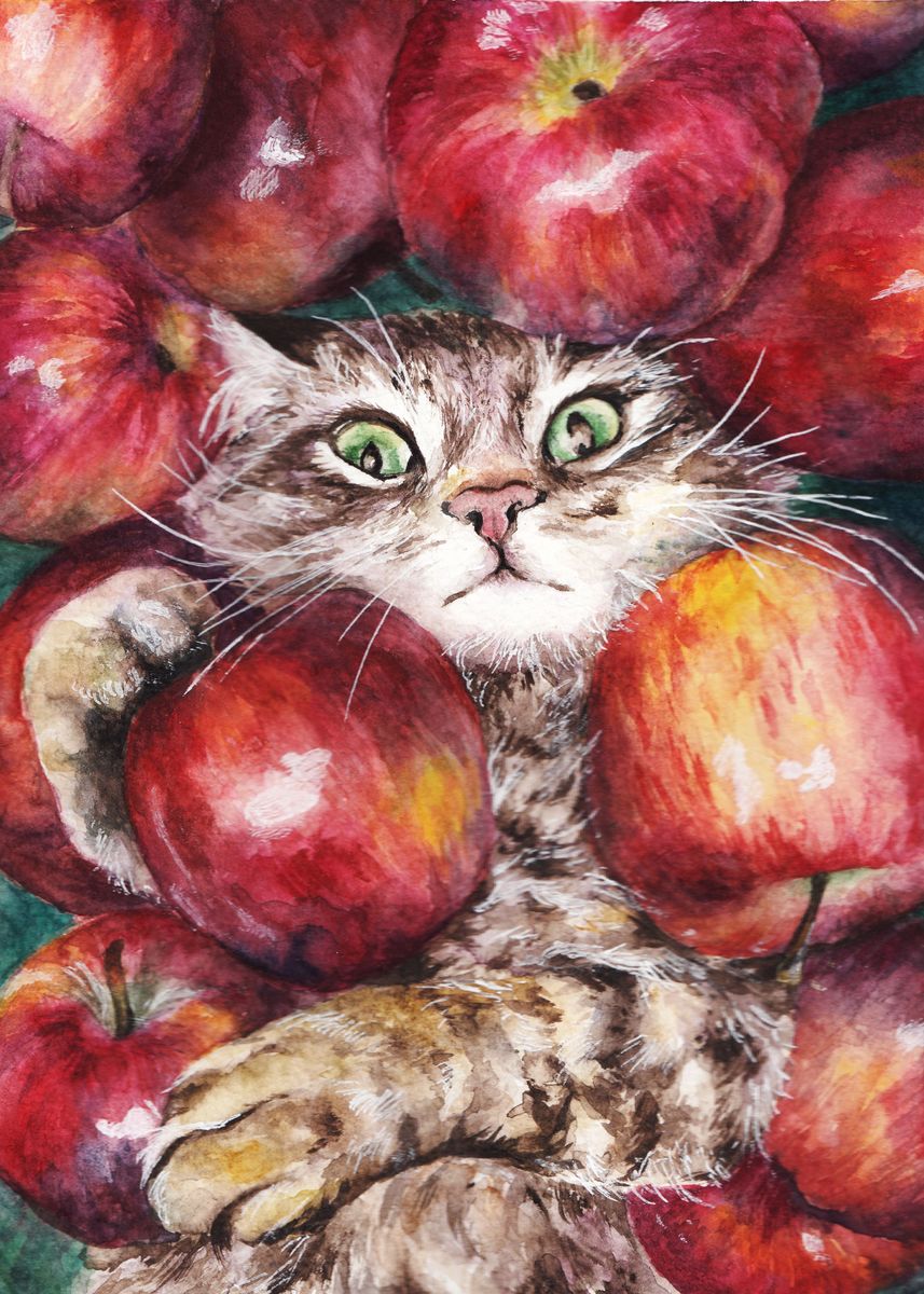 'Apple Cat' Poster, picture, metal print, paint by Anna Shell | Displate