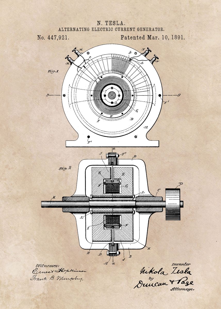 'patent art Tesla 1891 Alternating electric current' Poster, picture ...