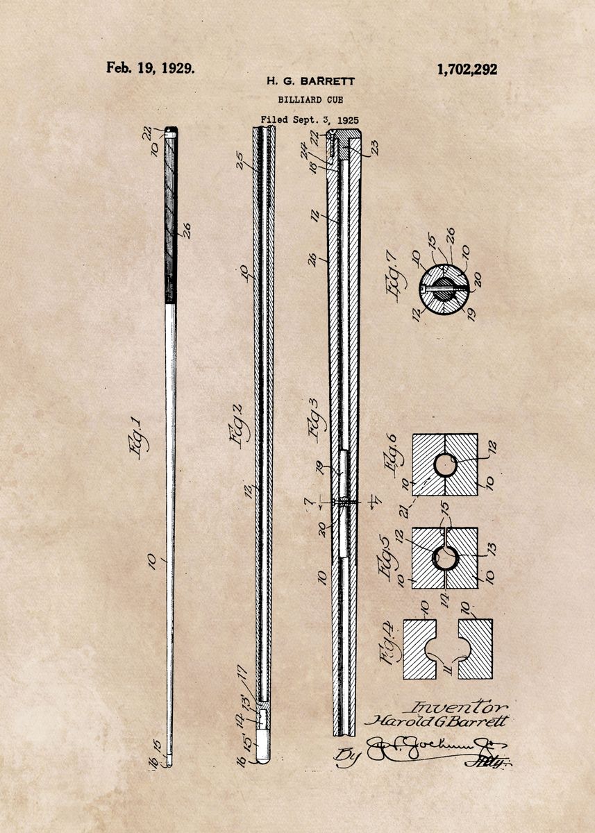 'patent art Barrett 1929 Billiard Cub' Poster, picture, metal print ...