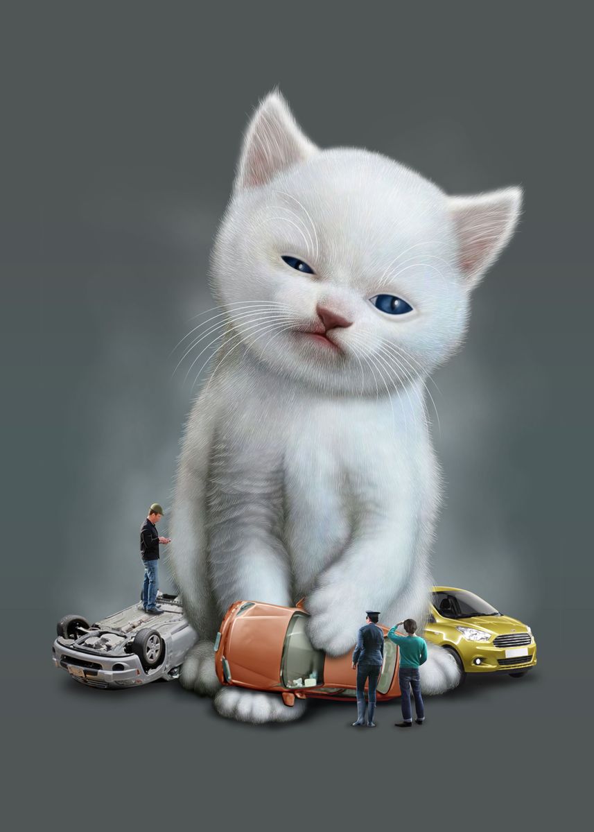 'KITTEN VS CARS' Poster, picture, metal print, paint by Adam Lawless ...