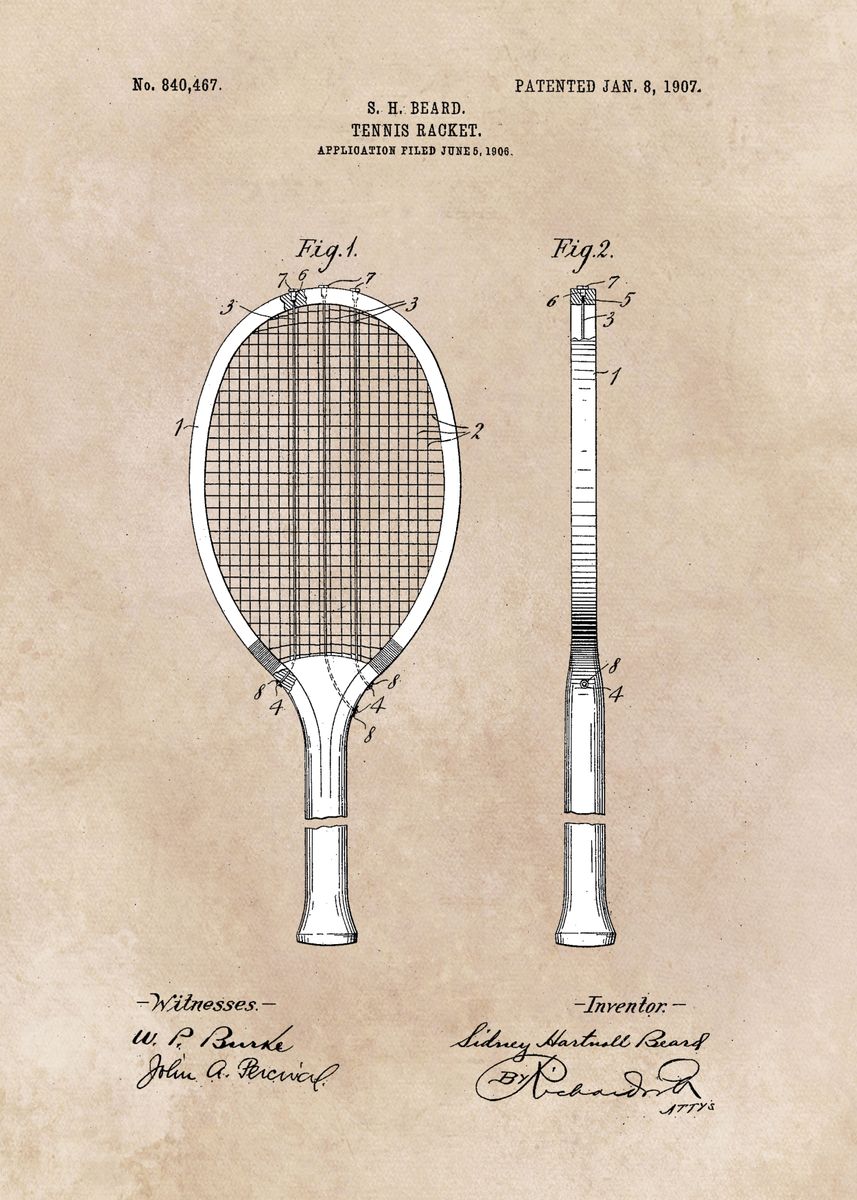 'patent art Beard Tennis racket 1907' Poster, picture, metal print ...