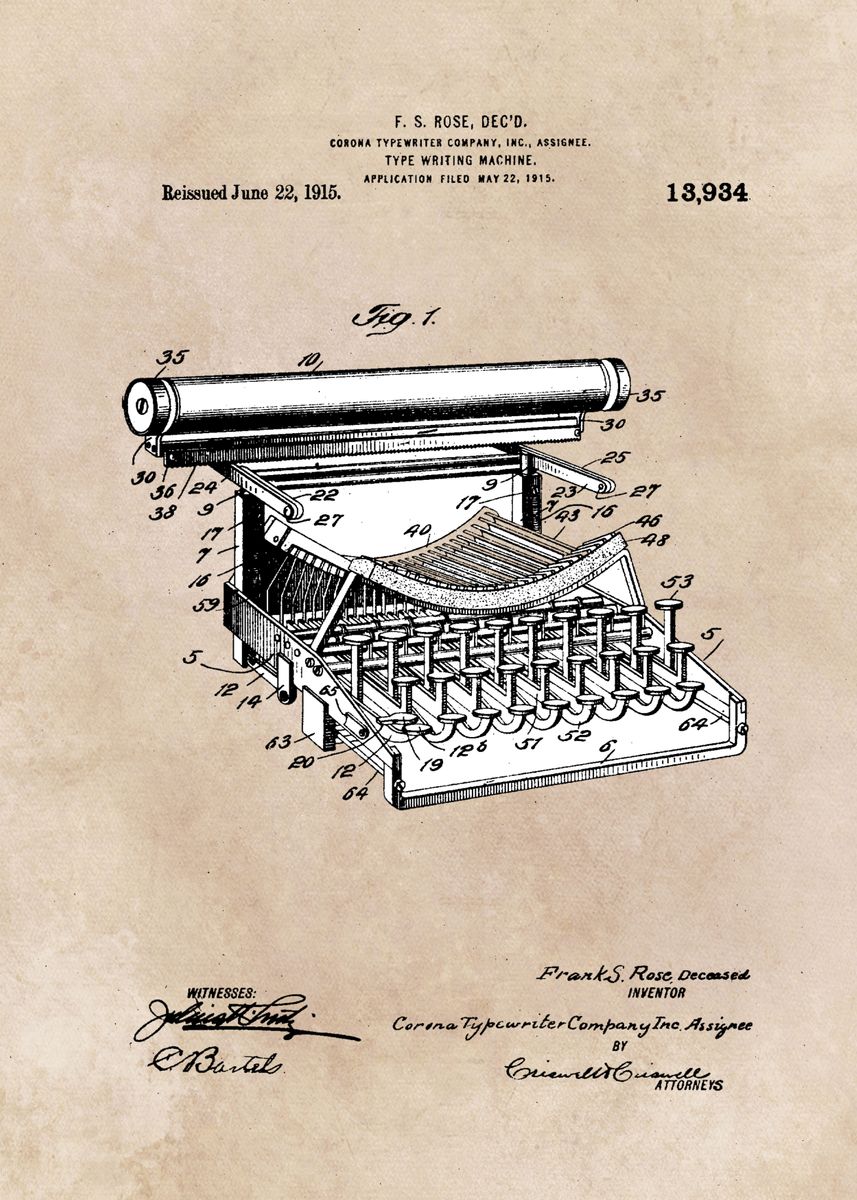 'patent art Rose Type writing machine 1915' Poster, picture, metal ...