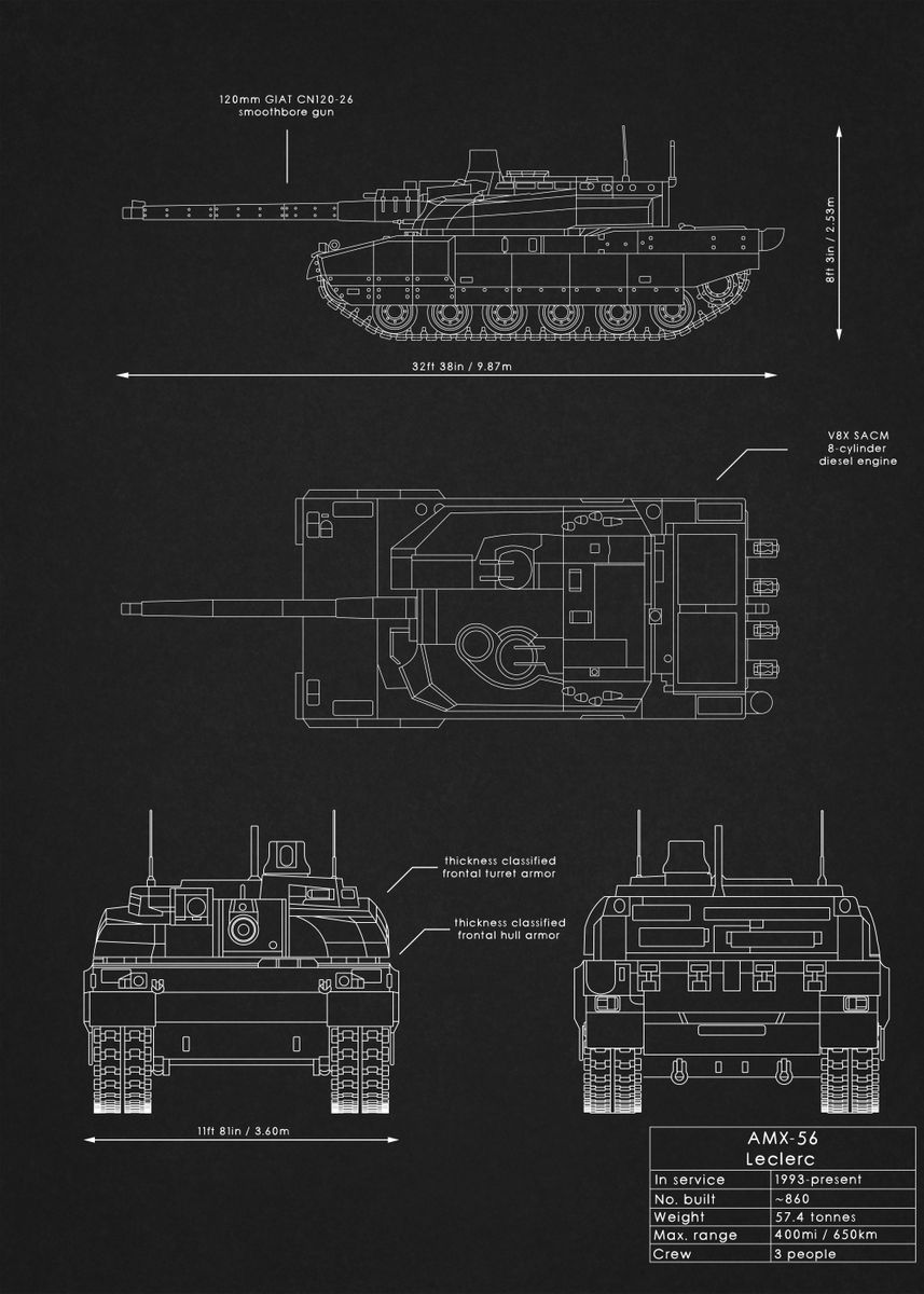 'AMX-56 Leclerc Blueprint' Poster, picture, metal print, paint by Iwoko ...