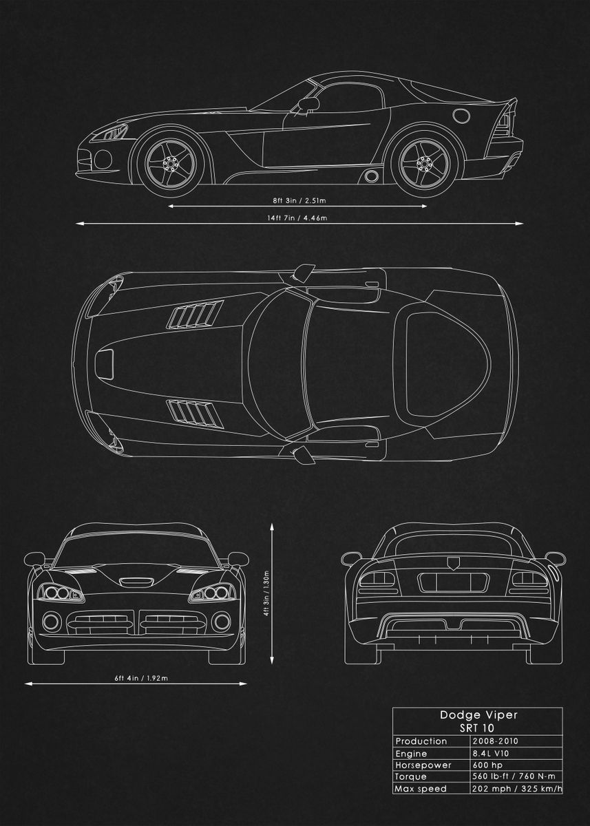 'Dodge Viper Blueprint' Poster, picture, metal print, paint by Iwoko ...