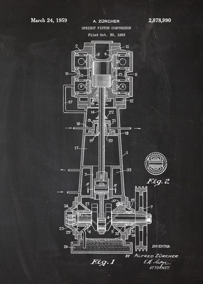 '1959 Upright Piston Compressor - Patent Drawing' Poster by Nicram K ...