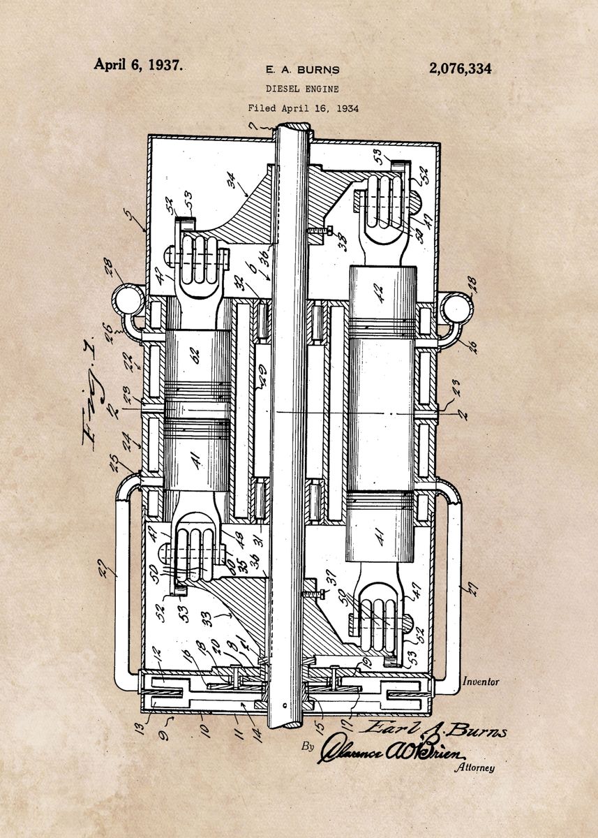 'patent art Burns 1937 Diesel engine' Poster, picture, metal print ...