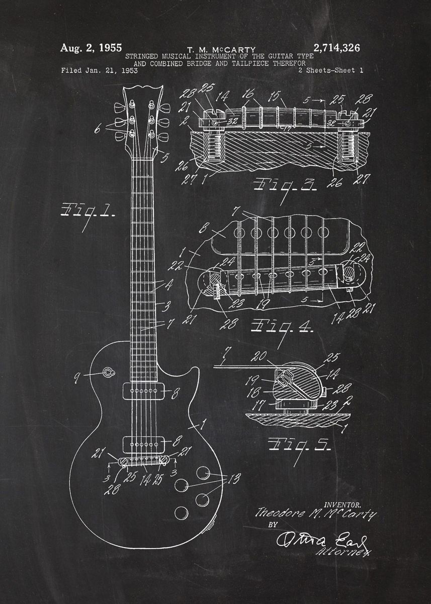 '1953 Electric Guitar - Patent Drawing' Poster, picture, metal print ...