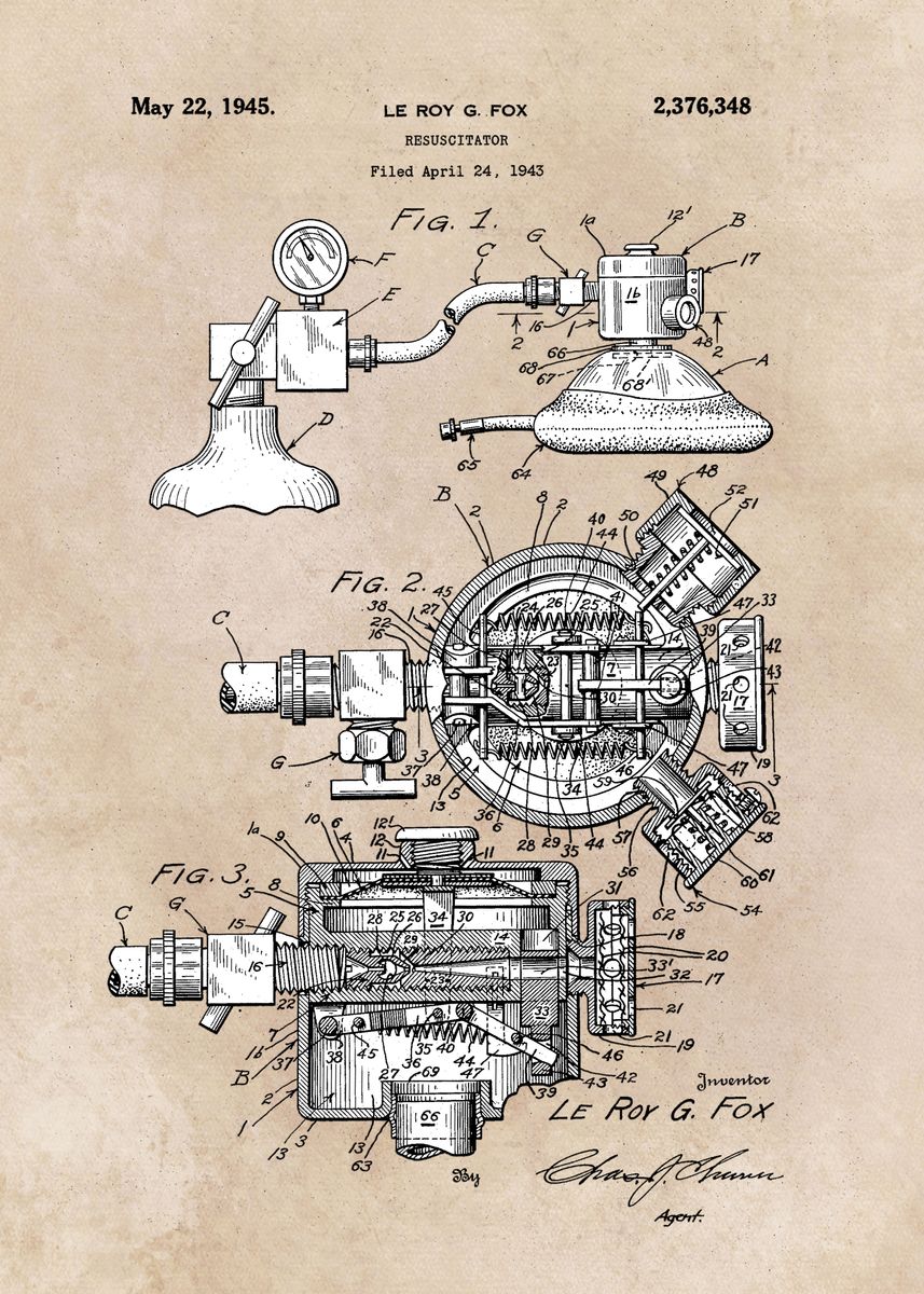 'patent art Le Roy G. Fox 1945 Resuscitator' Poster, picture, metal ...