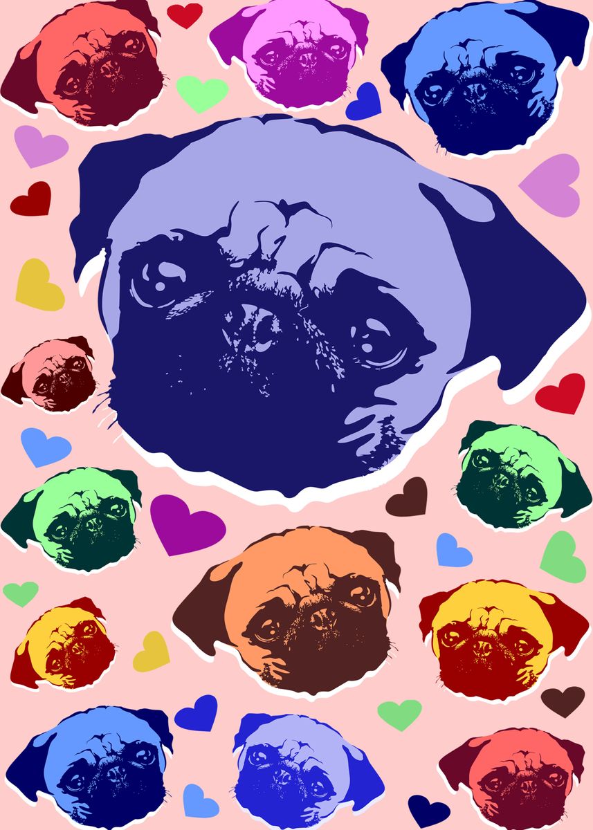 'Pug Puppy Dog Love Hearts ' Poster, picture, metal print, paint by ...