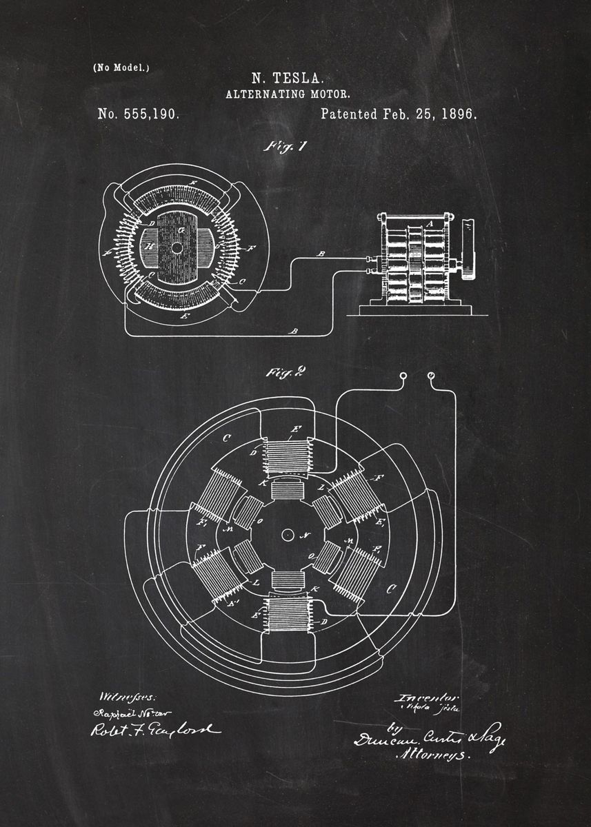'1896 Tesla Alternating Motor - Patent Drawing' Poster, picture, metal ...