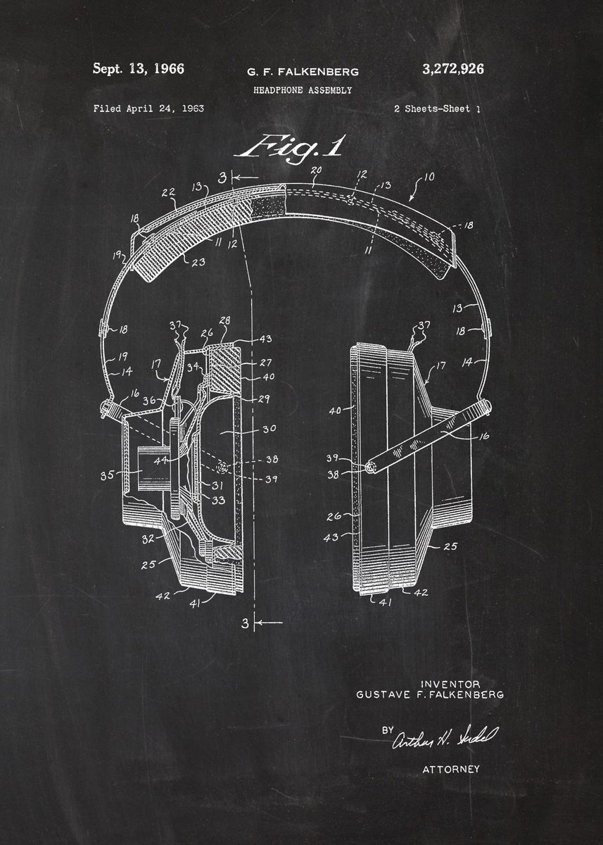 '1963 Headphone Assembly - Patent Drawing' Poster, picture, metal print ...