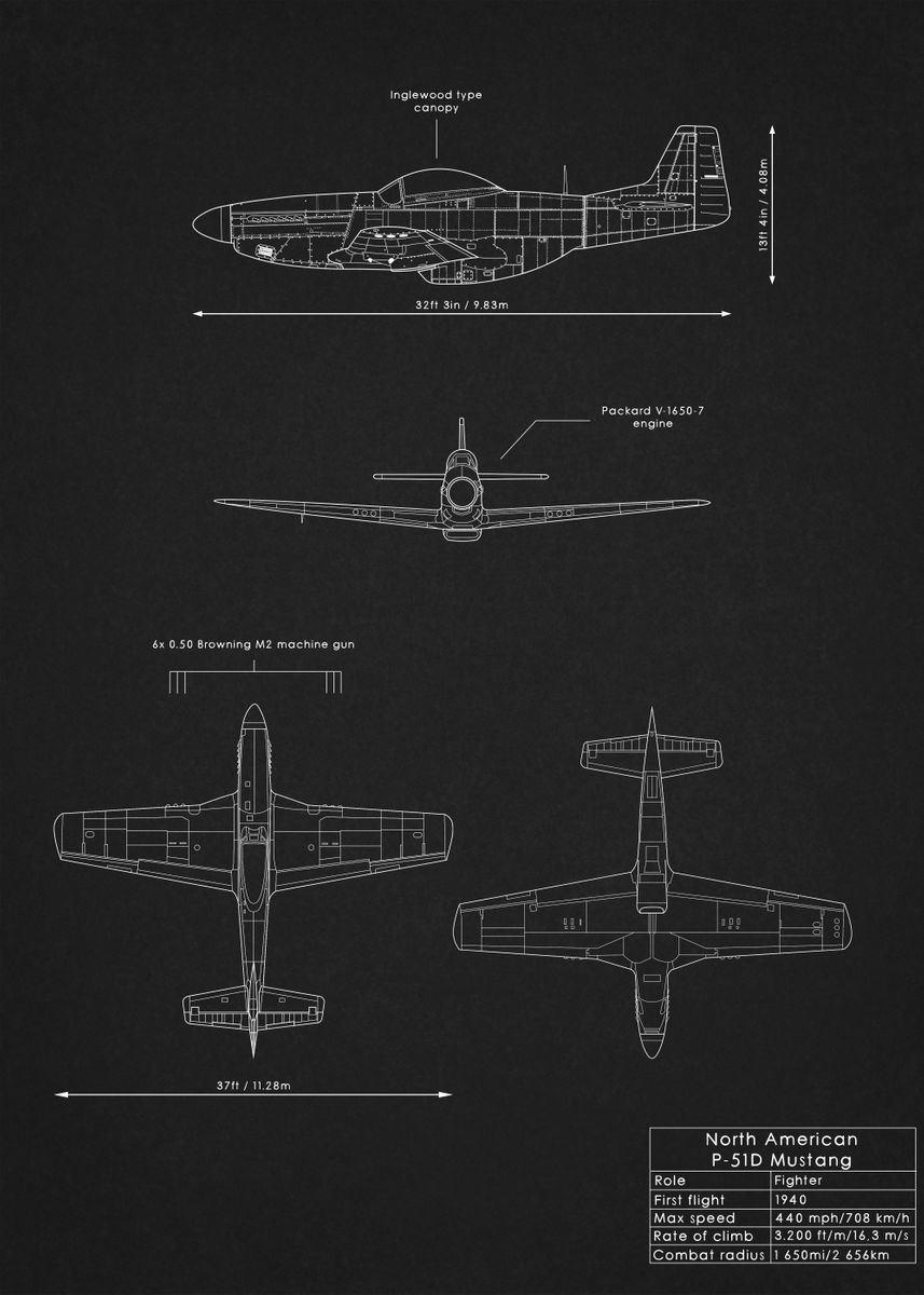 'P-51D Mustang Blueprint' Poster, picture, metal print, paint by Iwoko ...