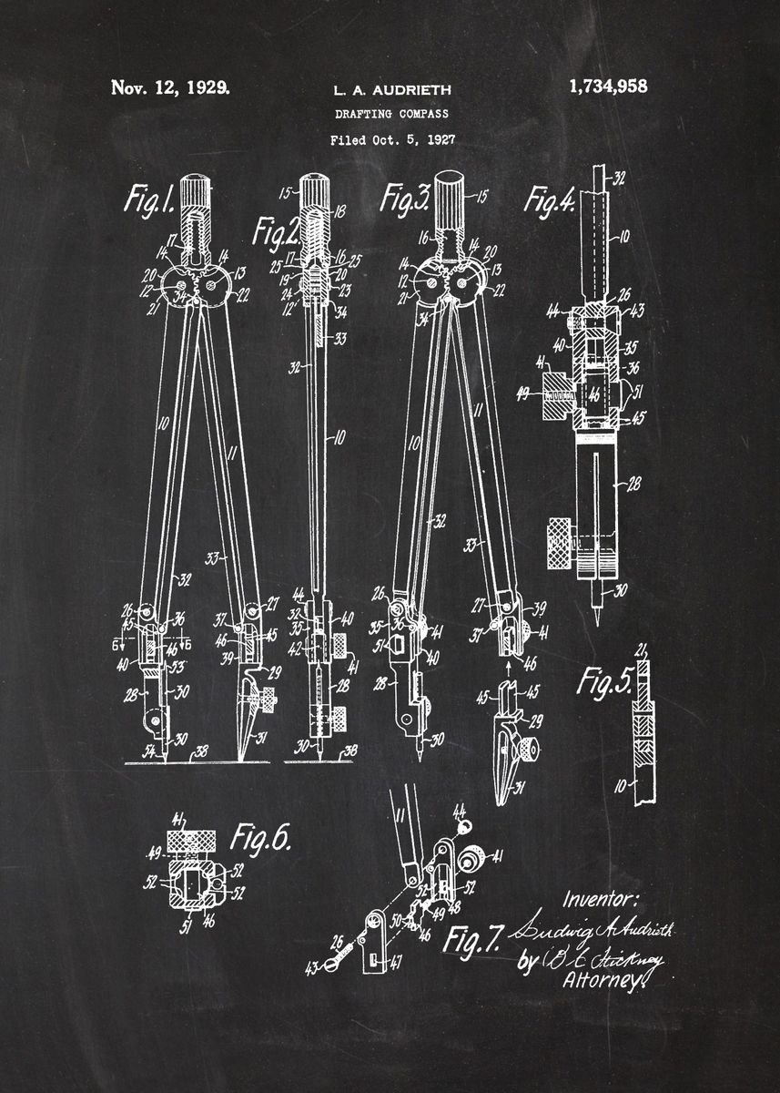 '1927 Drafting Compass - Patent Drawing' Poster, picture, metal print ...