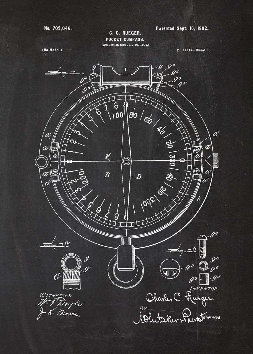 '1901 Pocket Compass - Patent Drawing' Poster by Nicram K | Displate